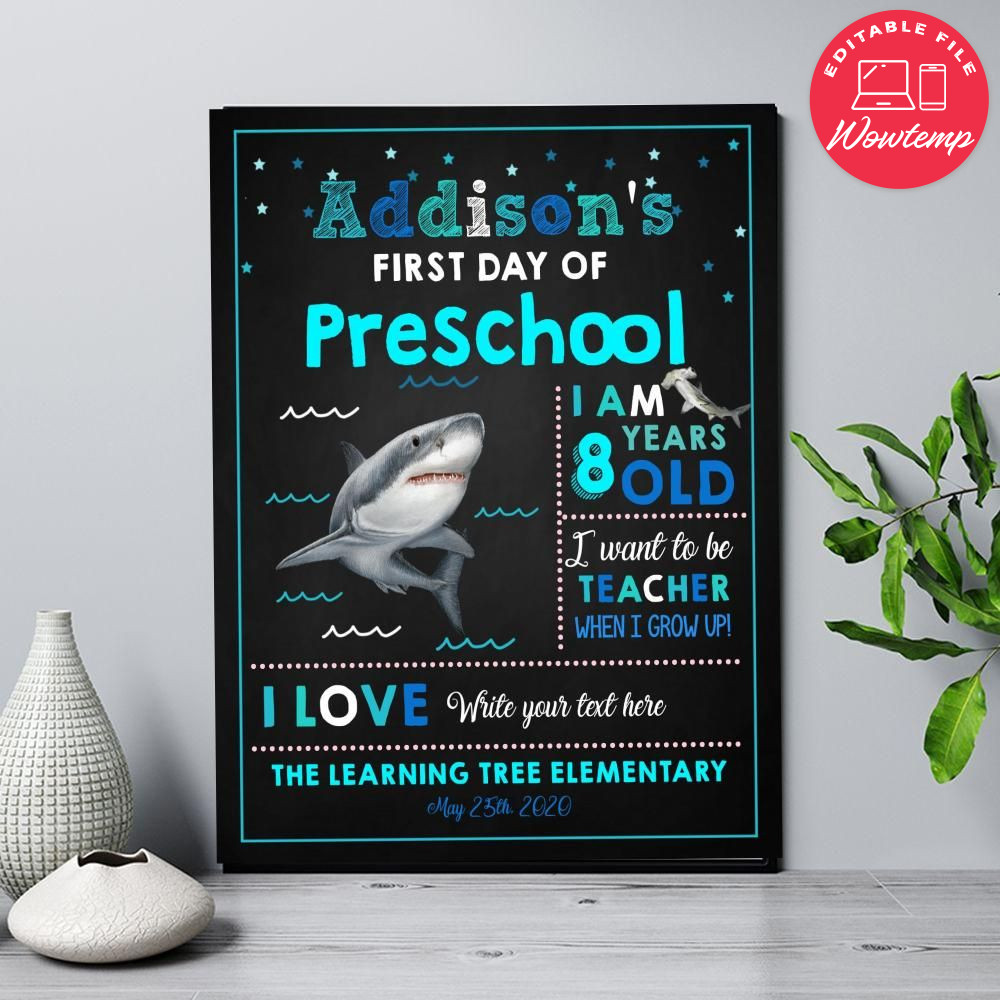 Shark First Day of Kindergarten Chalkboard Sign Printable | Wowtemp
