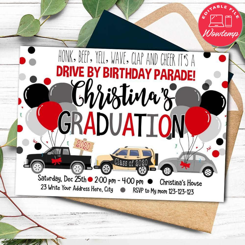 Editable Drive By Virtual Graduation Parade Invitation Template | Wowtemp