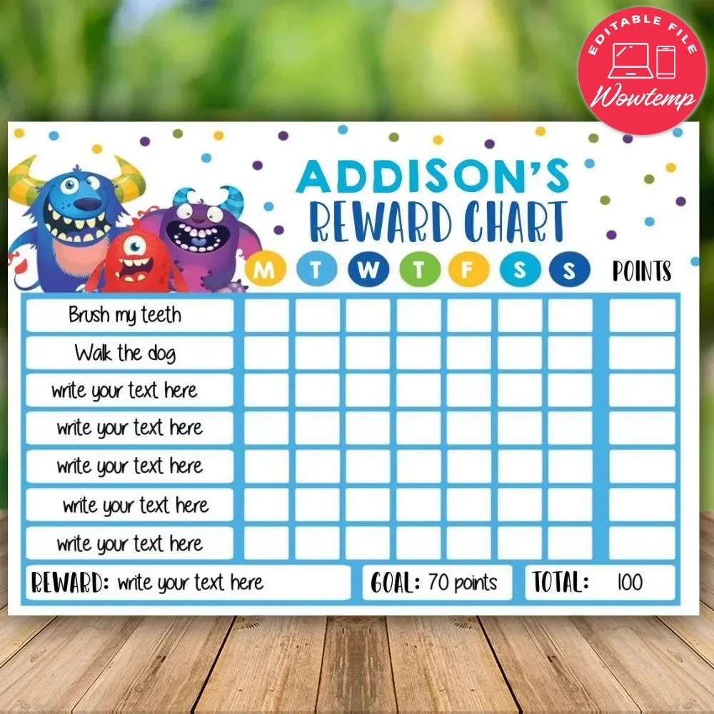 Printable Monster Reward Chart Instant Download | Wowtemp