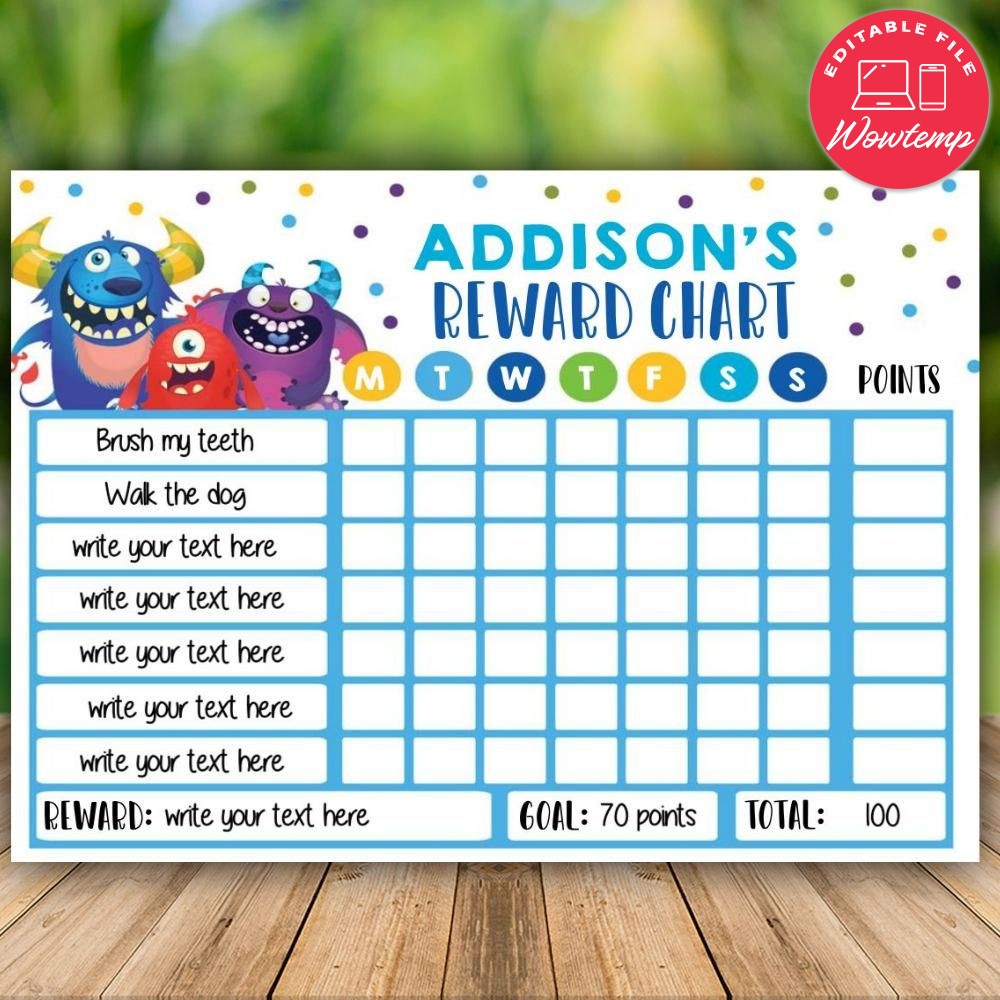 Printable Monster Reward Chart Instant Download | Wowtemp