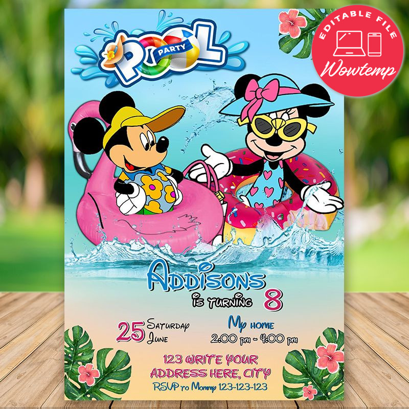 Personalized Mickey Minnie Mouse Pool Party Invitation DIY | Wowtemp