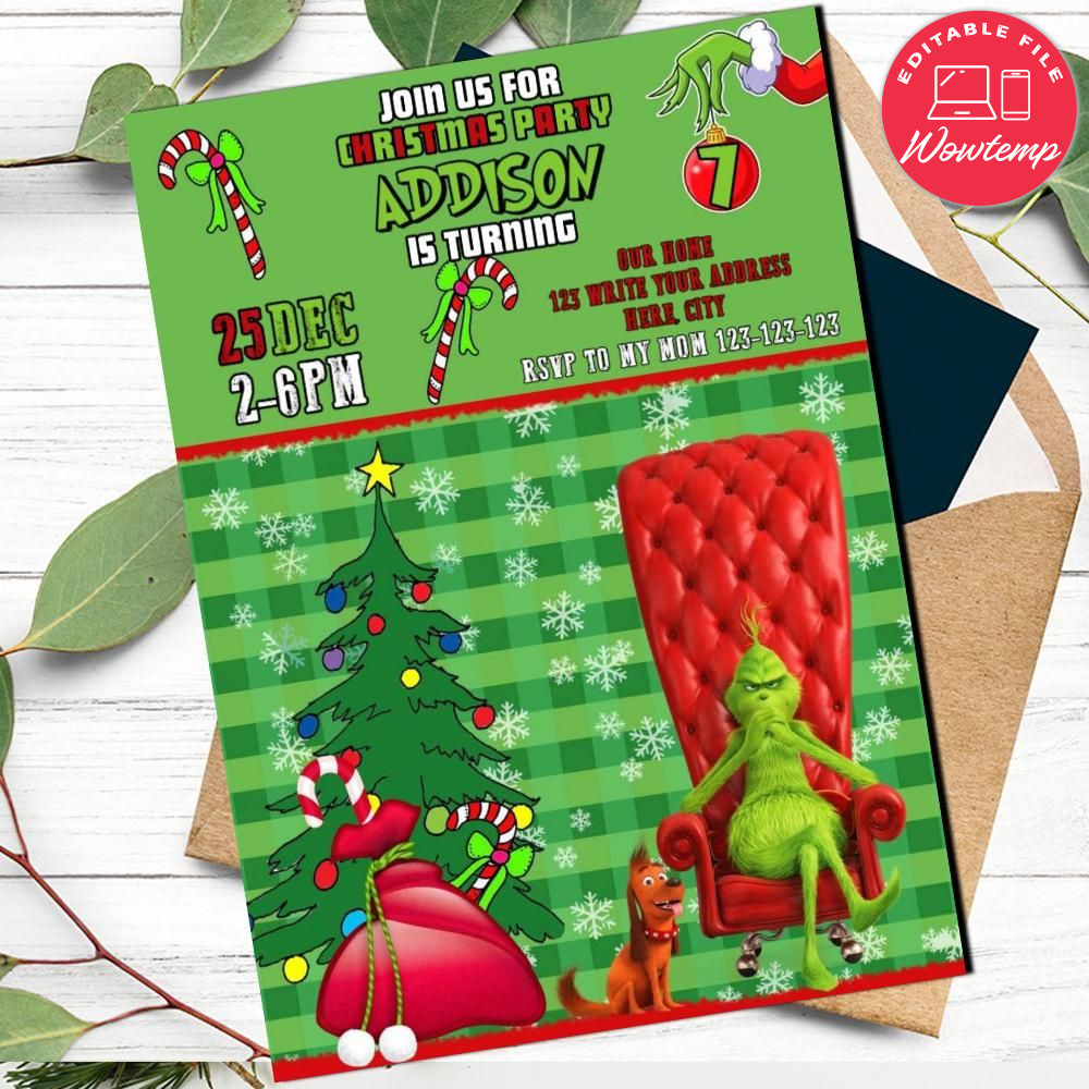 Grinch Christmas Birthday Party Template Invitation to print at h | Wowtemp