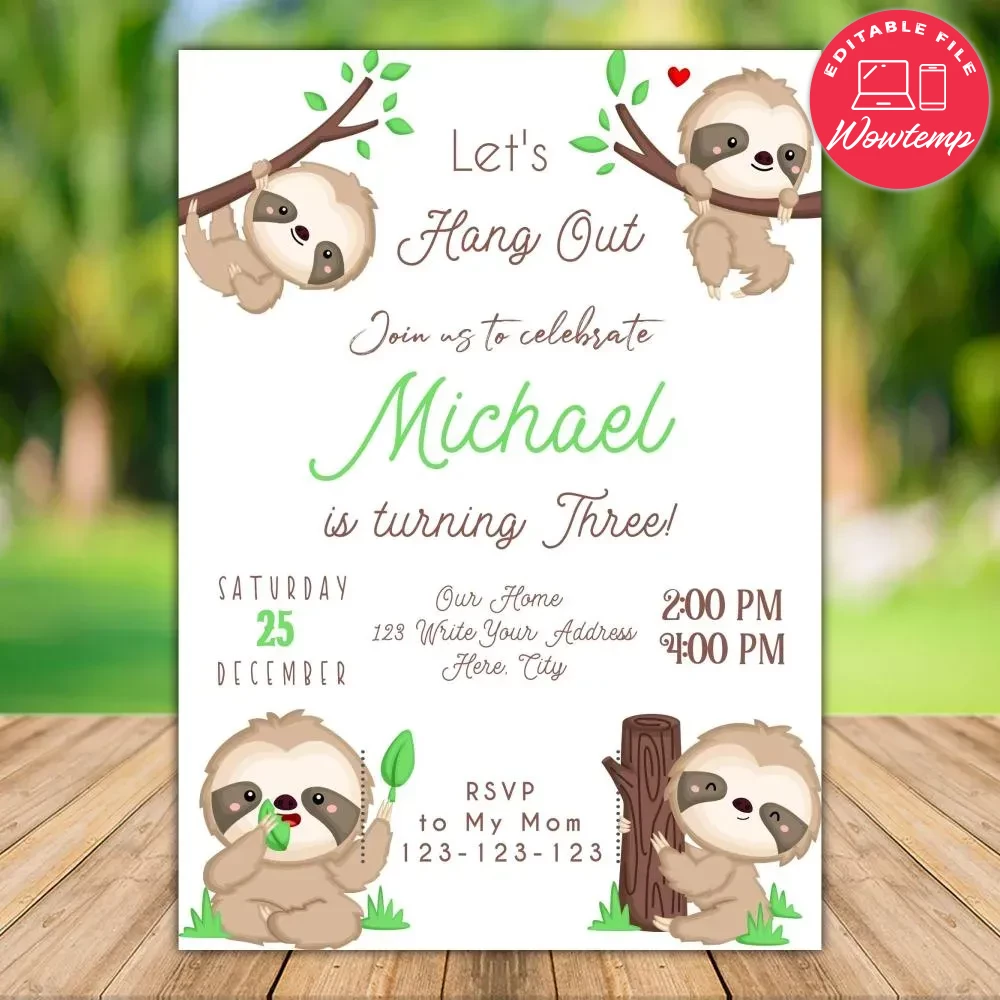 Editable Sloth Birthday Invitation Instant Download | Wowtemp