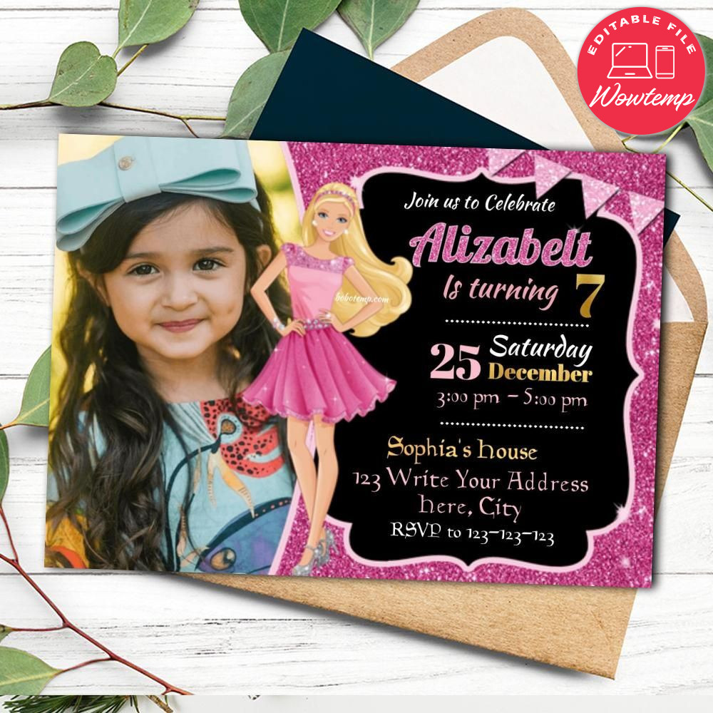 Barbie Invitation With Photo Customizable Template Instant Downlo | Wowtemp