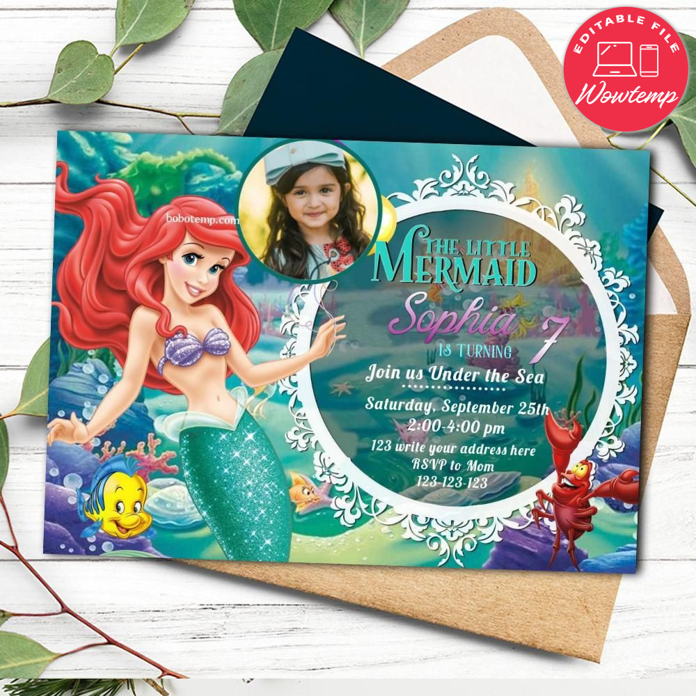 Editable Little Mermaid Ariel Princess With Photo Invitations DIY | Wowtemp