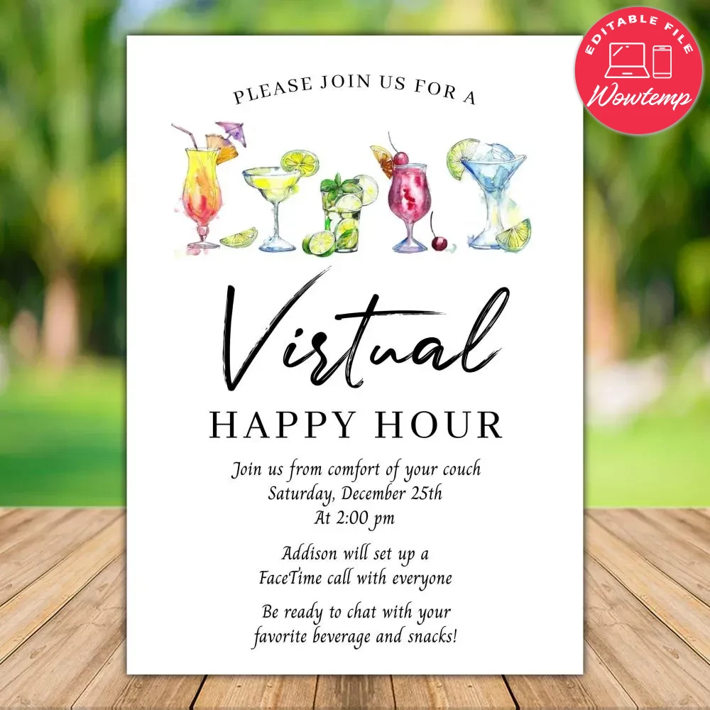 Printable Cocktails Virtual Happy Hour Invite Template DIY | Wowtemp