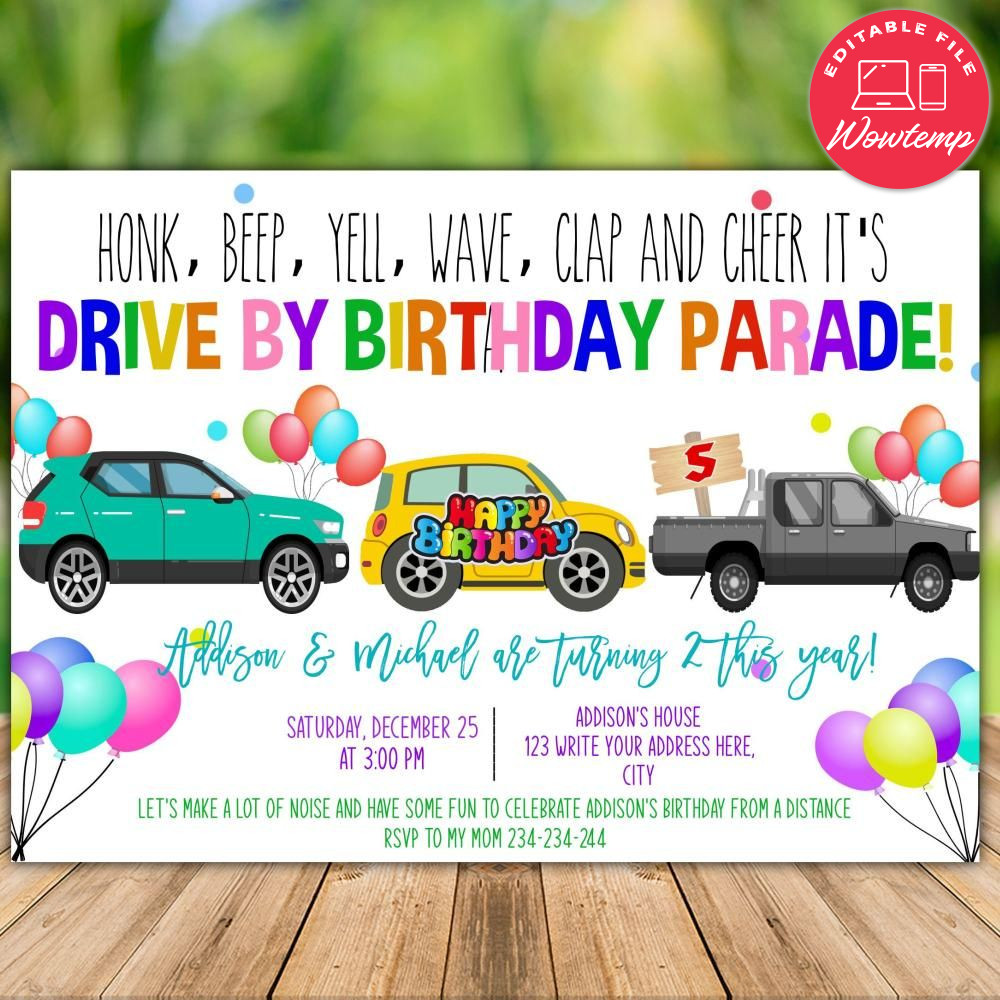 Printable Boy Twins Drive By Parade Birthday Invitation DIY | Zingtemp