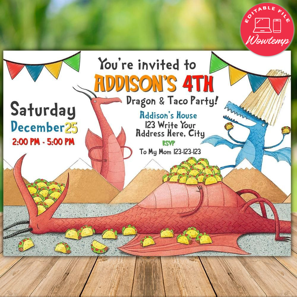 Editable Dragons Love Tacos Birthday Invitation Instant Download | Wowtemp