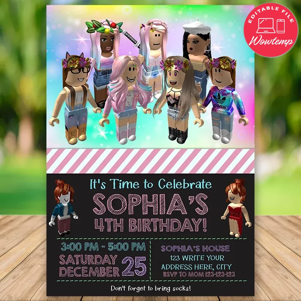 Editable Girl Roblox Birthday Invitation Instant Download | Wowtemp