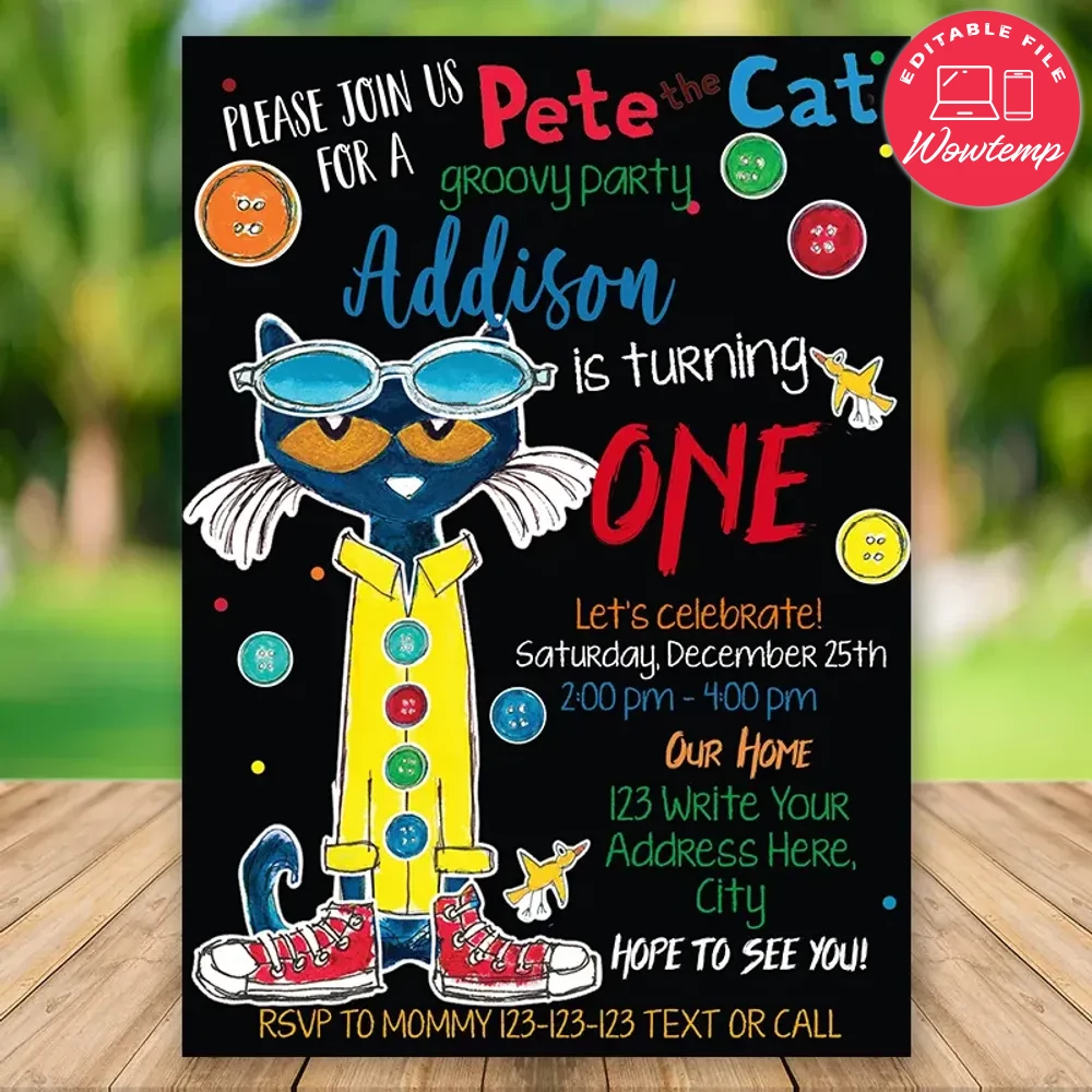 Editable Pete The Cat Invitations Instant Download | Wowtemp