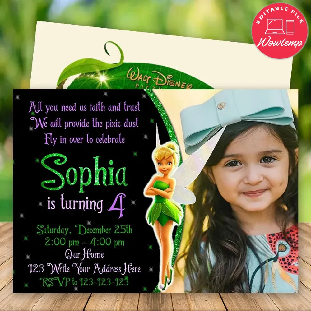 Editable Disney Tinkerbell Birthday Invitation With Photo DIY | Wowtemp