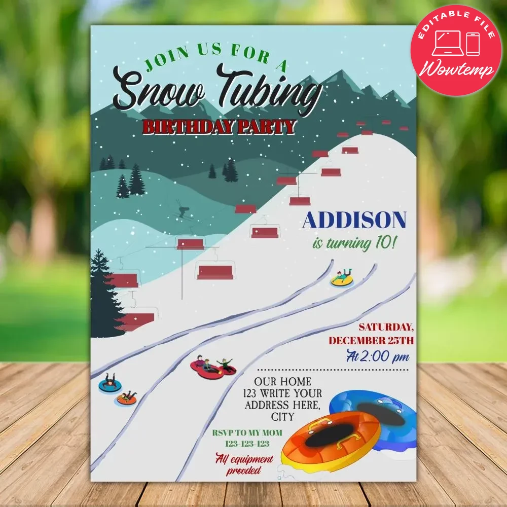 Printable Snow Tubing Birthday Invitation Instant Download | Wowtemp