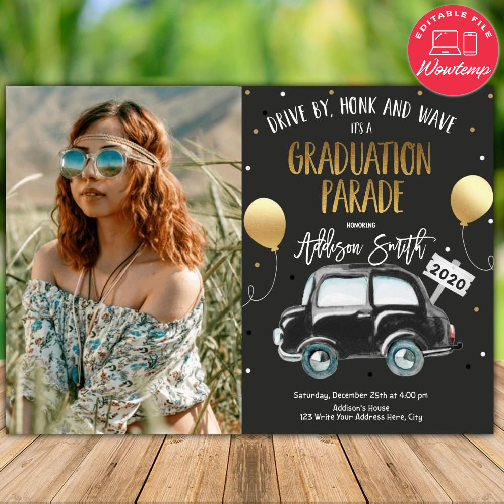 Printable Honk and Wave Graduation Parade Invitation With Photo | Zingtemp