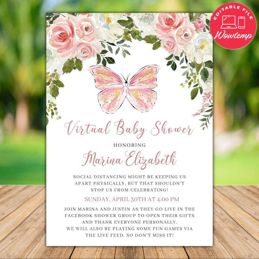 Printable Butterfly Quarantine Baby Shower Invitation DIY | Wowtemp