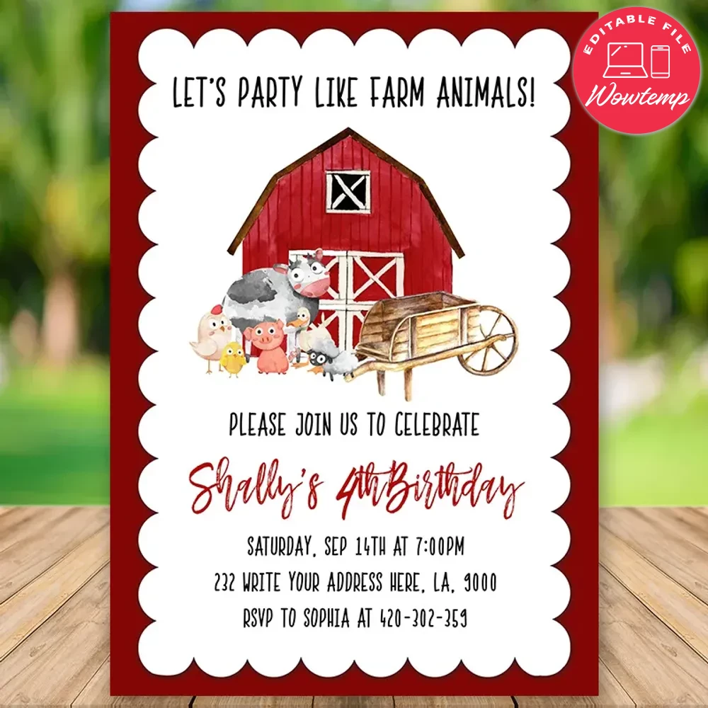 Editable Farm Animals Party Invites Instant Download | Wowtemp