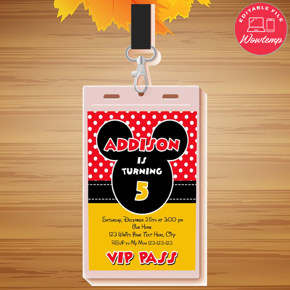 Mickey Mouse Vip Pass ID Template Instant Download | Wowtemp