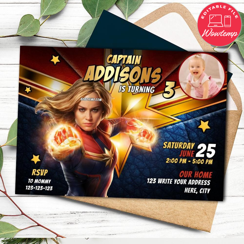 Editable Captain Marvel Birthday Invitation With Photo DIY | Wowtemp