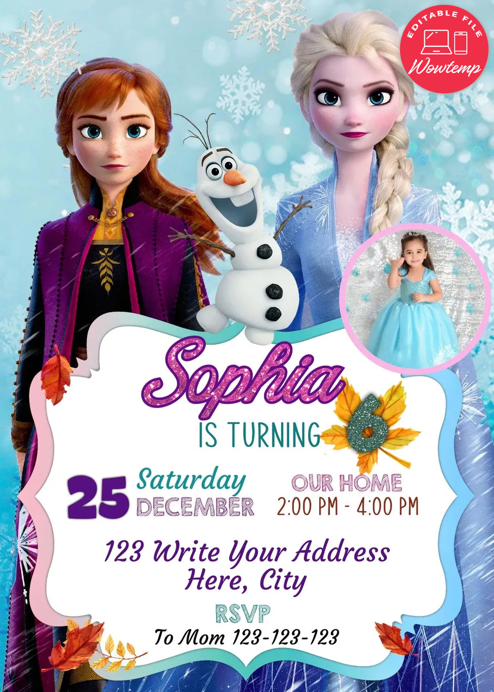 Editable Frozen 2 Elsa Anna Birthday Flyer With Photo DIY | Zingtemp
