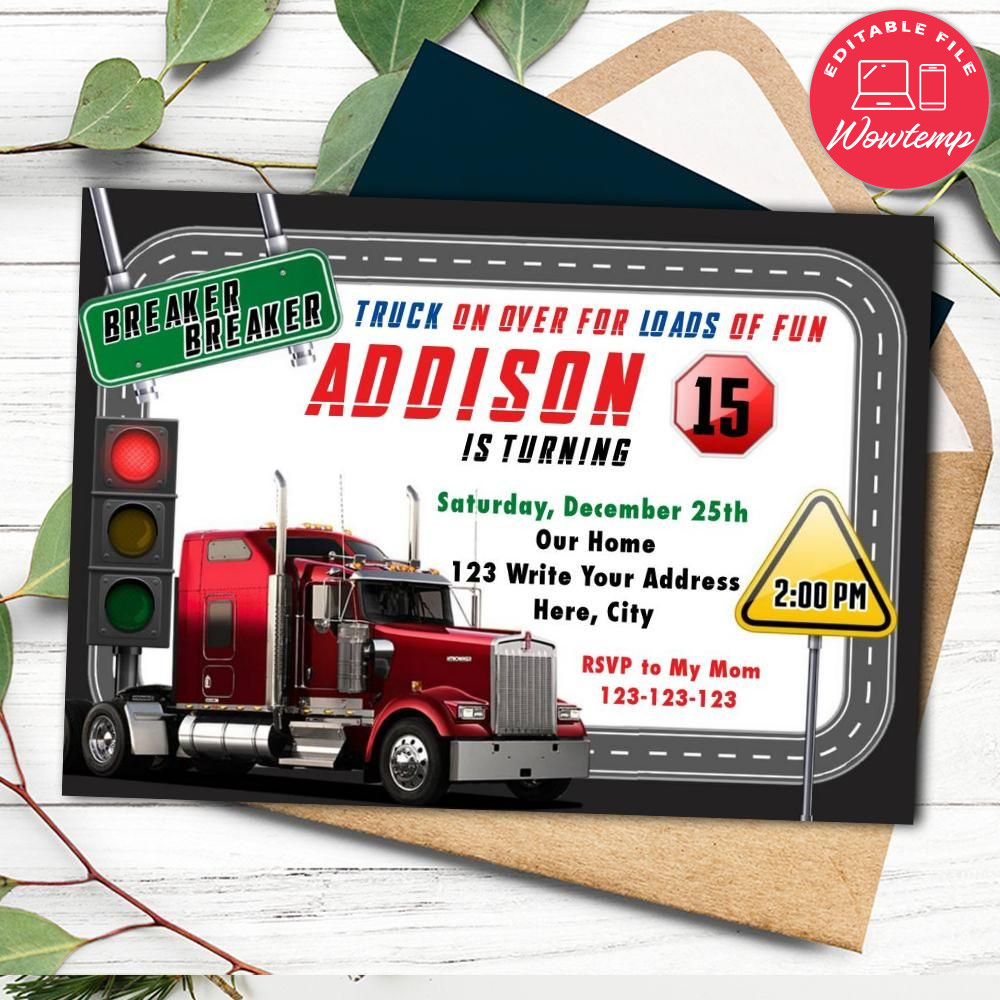 Semi truck Invitation Printable Template DIY | Wowtemp