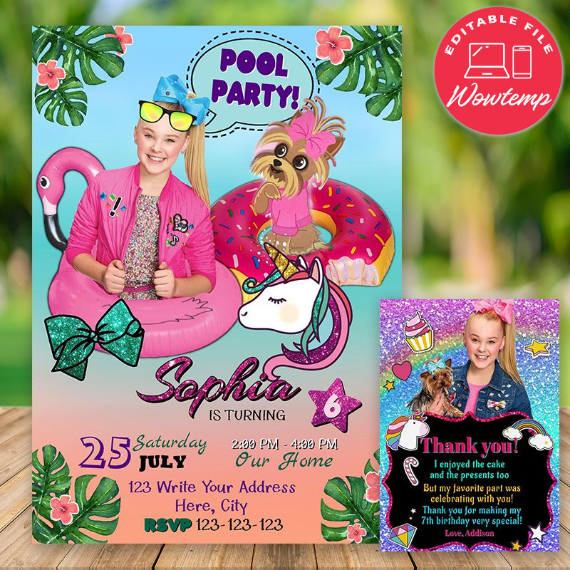 Personalized Jojo Siwa Pool Party Invitation Instant Download | Wowtemp