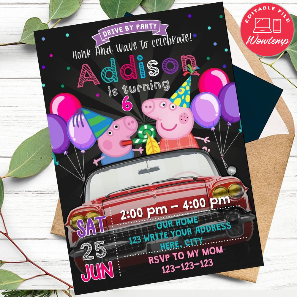 Peppa Pig Drive By Birthday Parade Invitation Printable DIY | Wowtemp