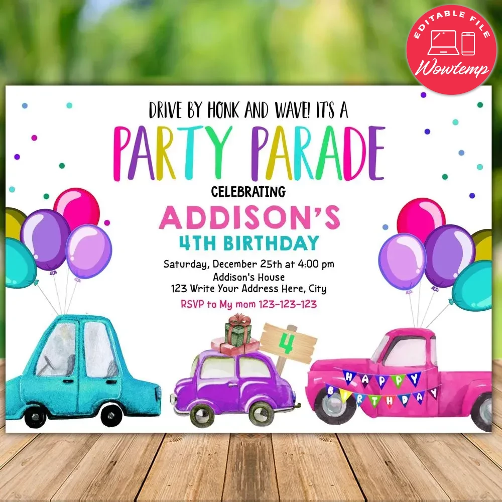 Printable Social Distancing Drive By Pink Parade Invitation DIY | Wowtemp