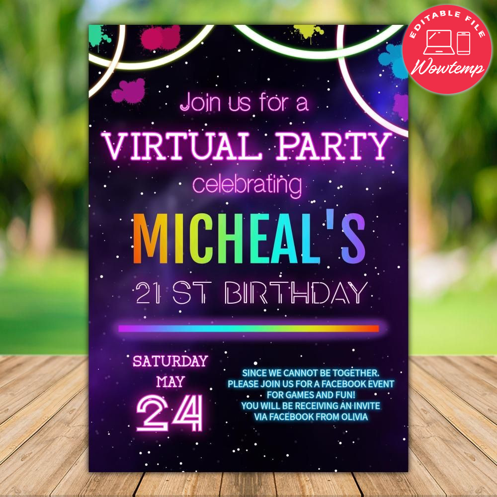 Printable Glow Virtual Party Invitation Template Instant Download | Wowtemp