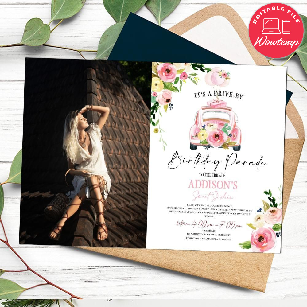 Girl Photo Drive by Parade Invitation Template to Print at Home | Wowtemp