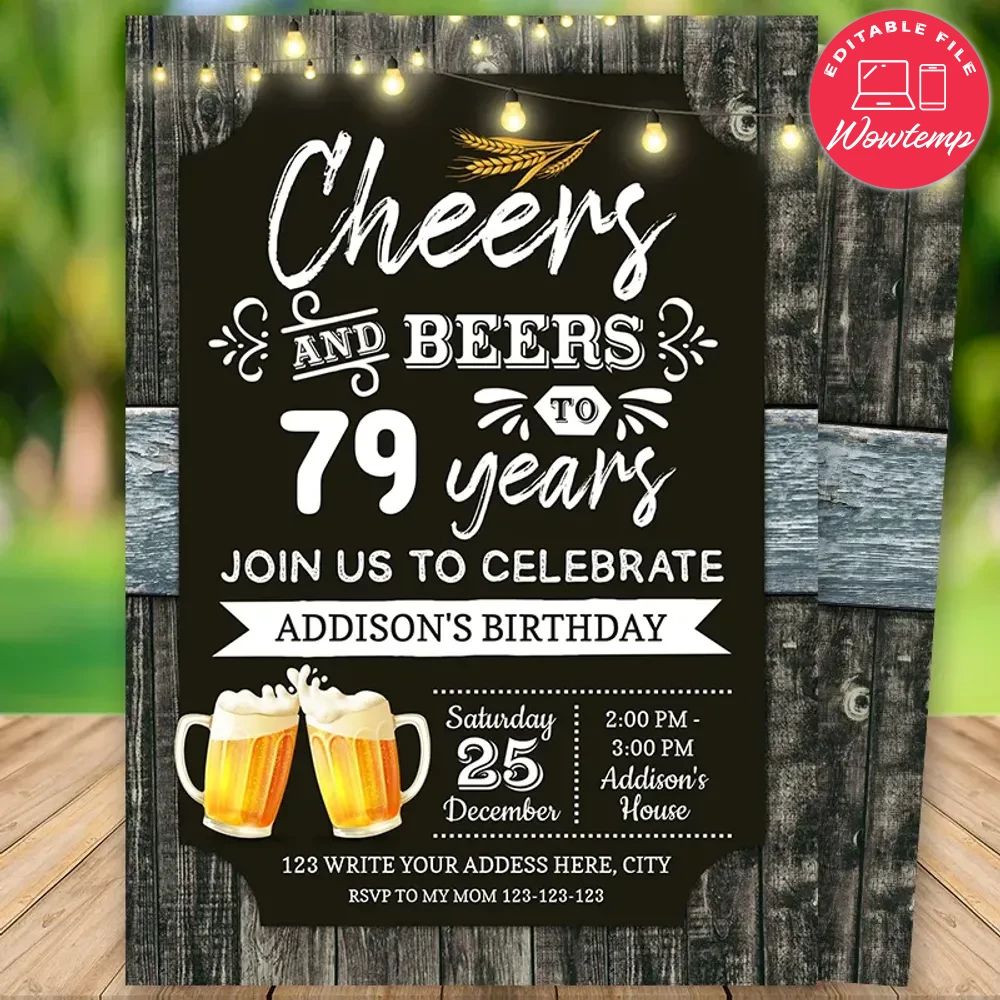 Printable 79th Cheers and Beers Birthday Party Invitation DIY | Wowtemp