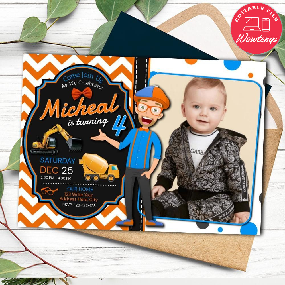 Blippi Invitation With Photo Customizable template DIY | Wowtemp