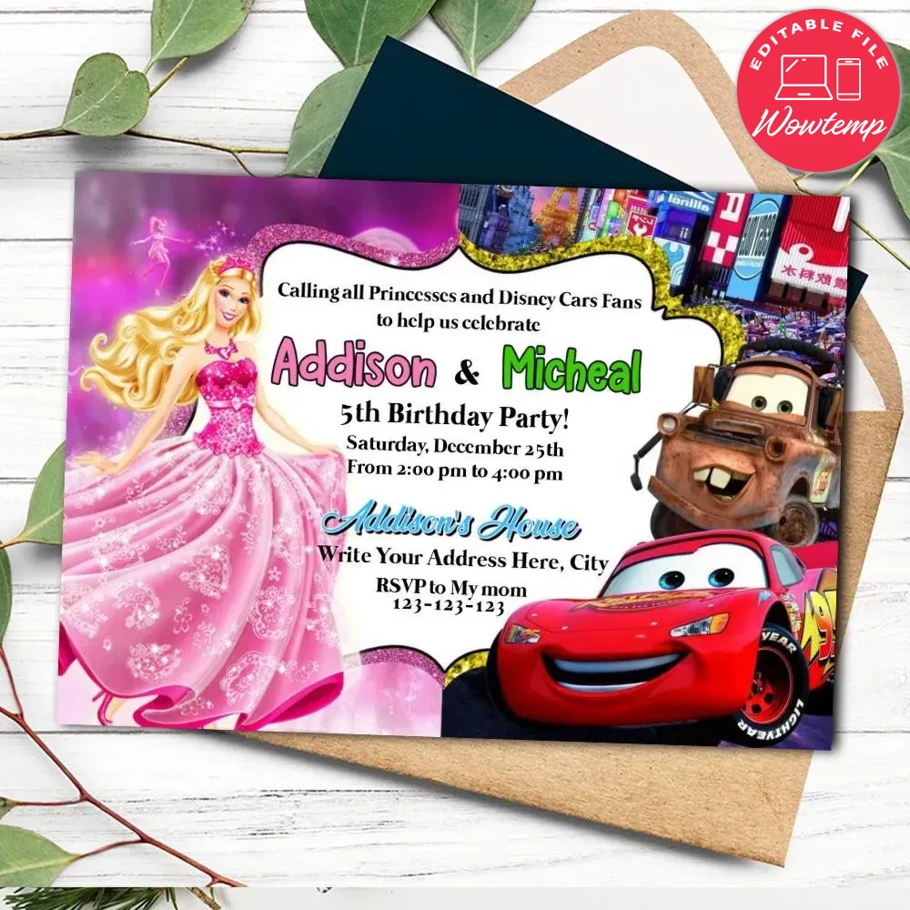 Barbie Princess and The Disney Cars Twins Birthday Flyer DIY | Wowtemp