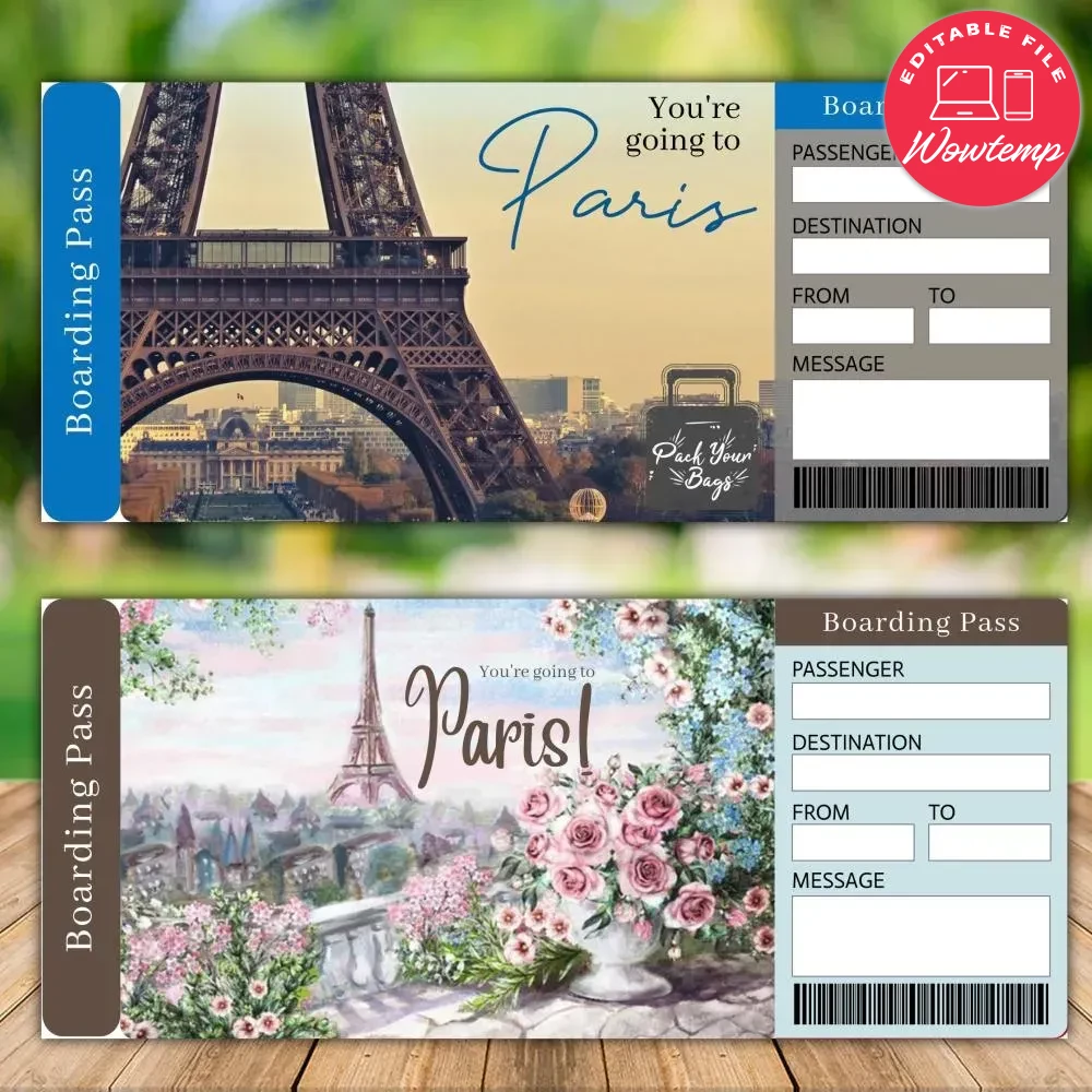 Editable PARIS Surprise Trip Gift Ticket Instant Download | Wowtemp