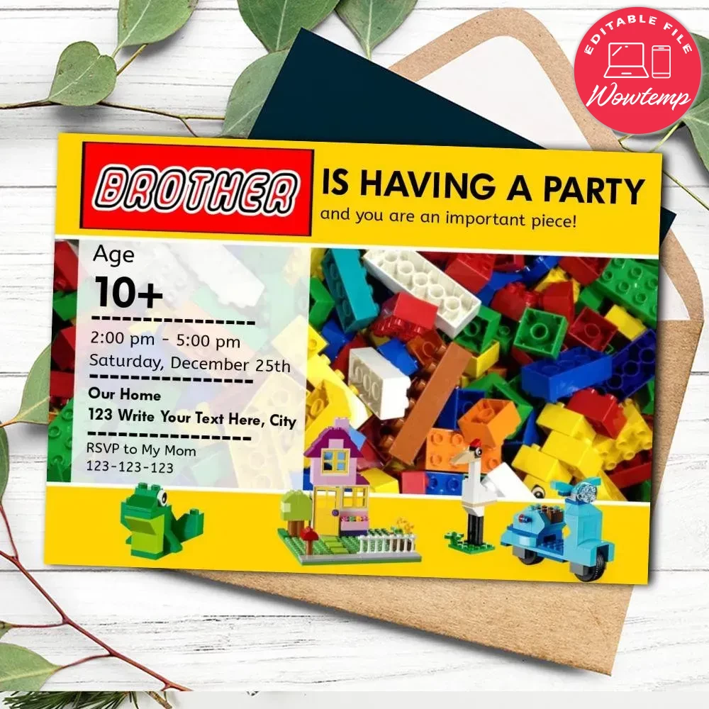 Lego Building Blocks Birthday Invitation Printable DIY | Wowtemp
