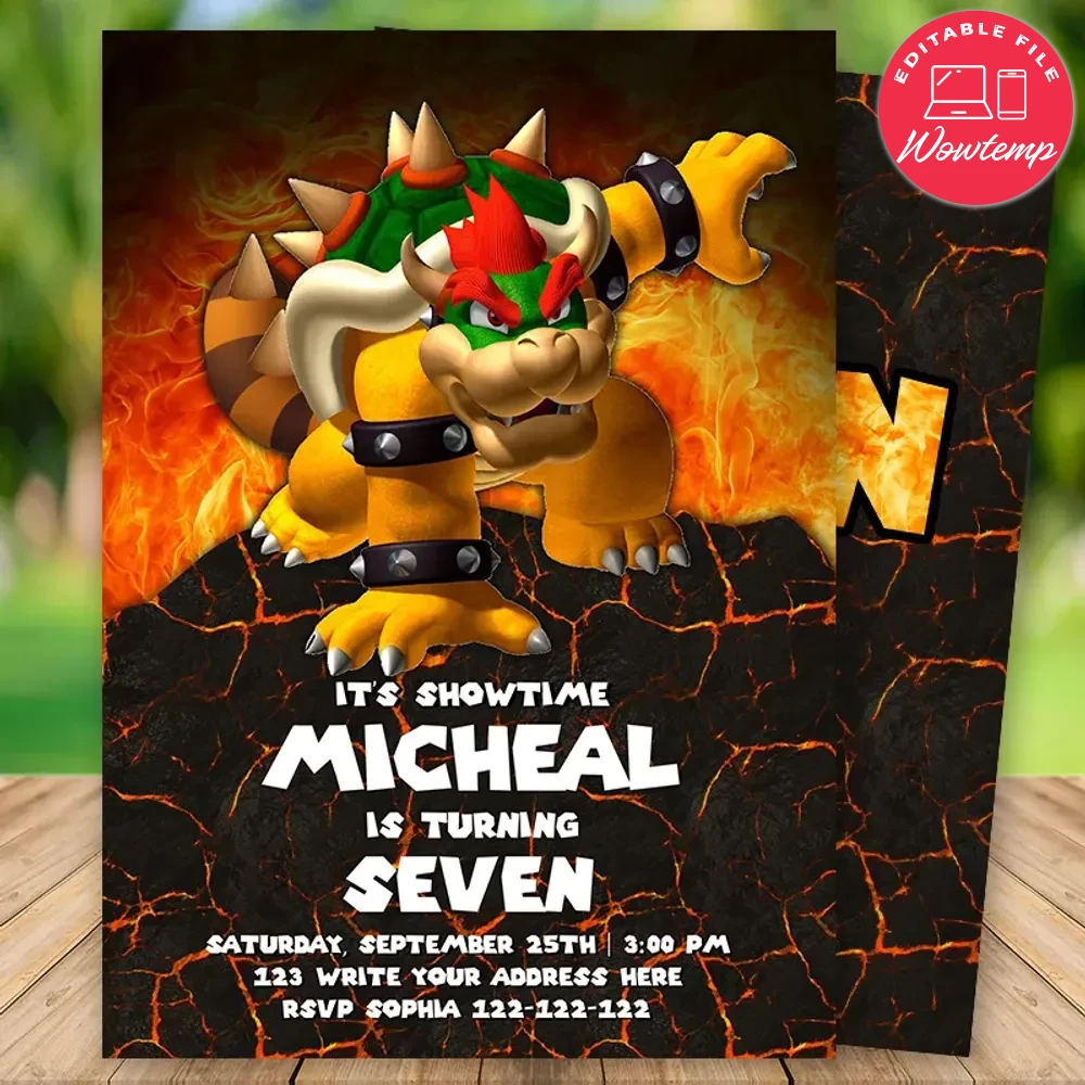 Editable Bowser Super Mario Bros Birthday Invitation Digital File | Wowtemp