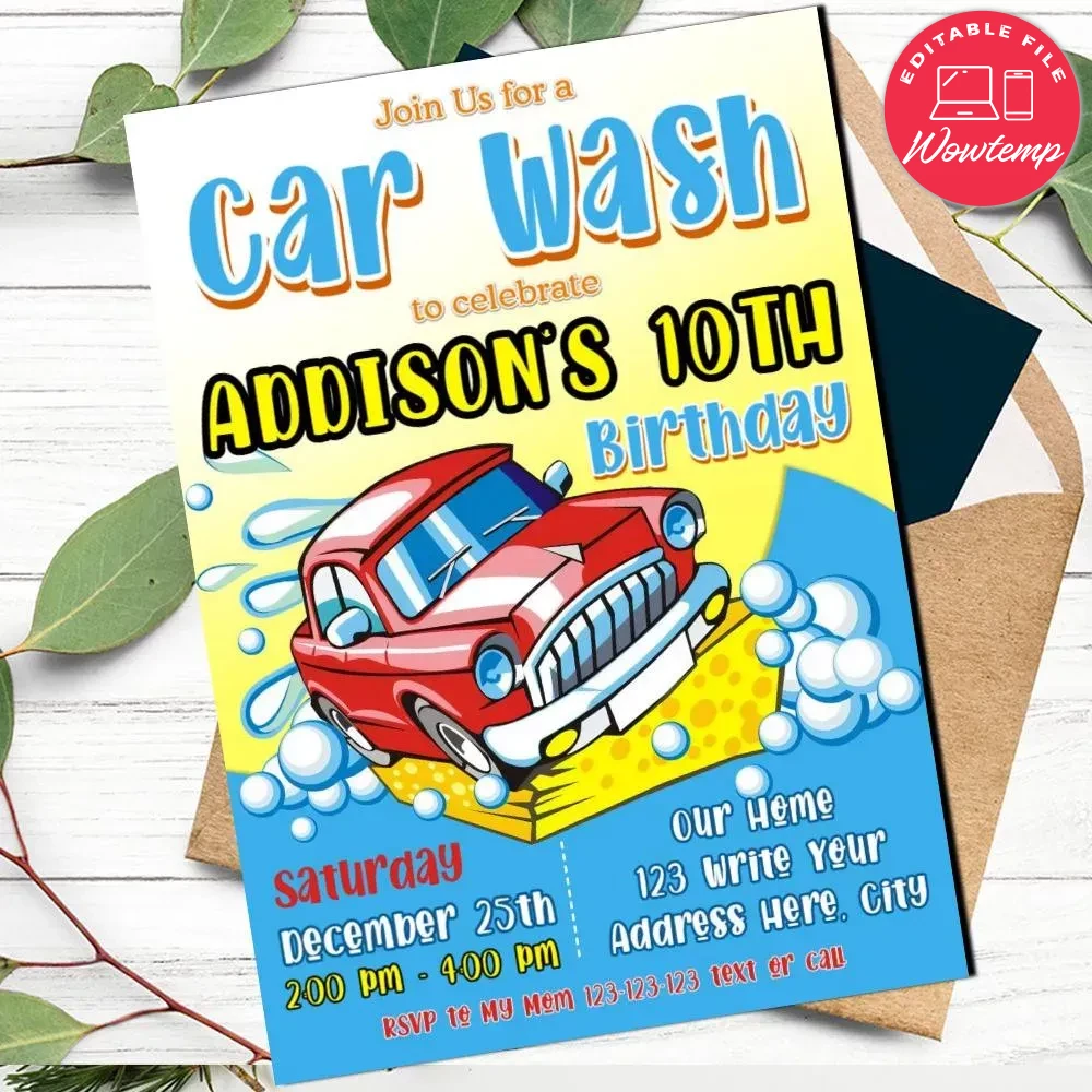 Car wash Invitation Customizable template DIY | Wowtemp
