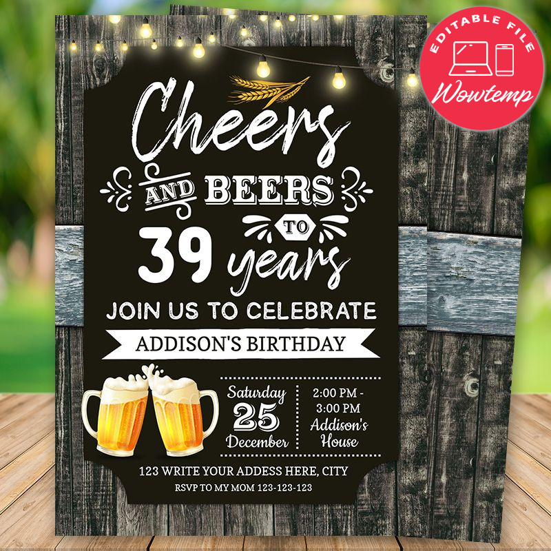 Printable 39th Cheers and Beers Birthday Party Invitation DIY | Wowtemp