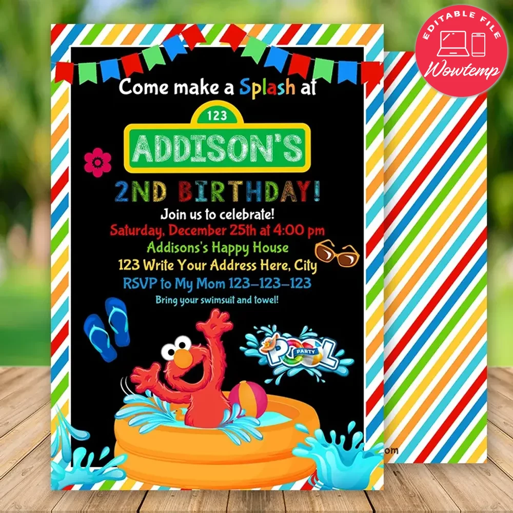 Editable Sesame Street Elmo Pool Party Invitation Instant Downloa | Wowtemp