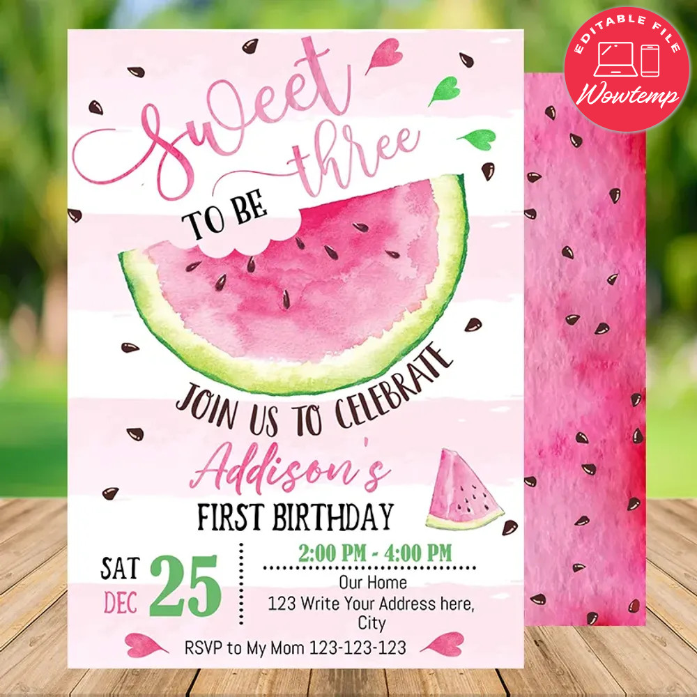 Editable Watermelon birthday Flyer sweet to be three melon | Wowtemp