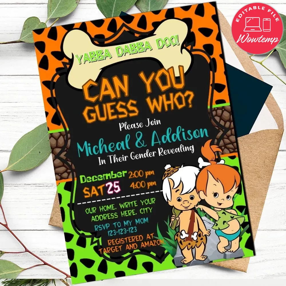 Pebbles and Bam Bam Invitation Customizable Template DIY | Wowtemp