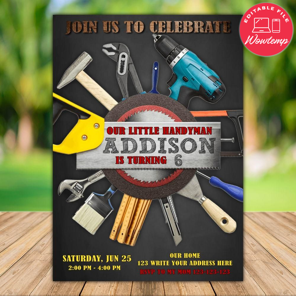 Printable Construction Handyman Builder Invitation Template DIY | Wowtemp