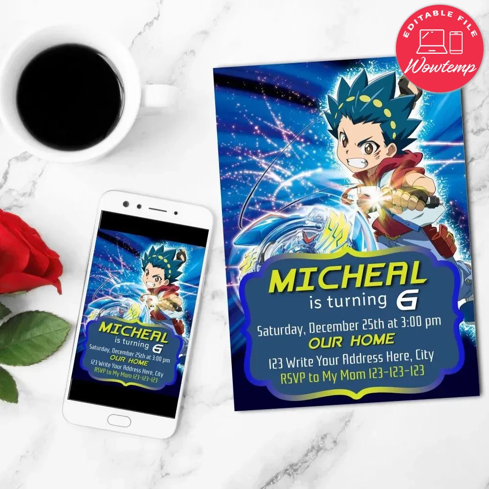 Beyblade Digital Birthday Invitation Customizable Template DIY | Wowtemp