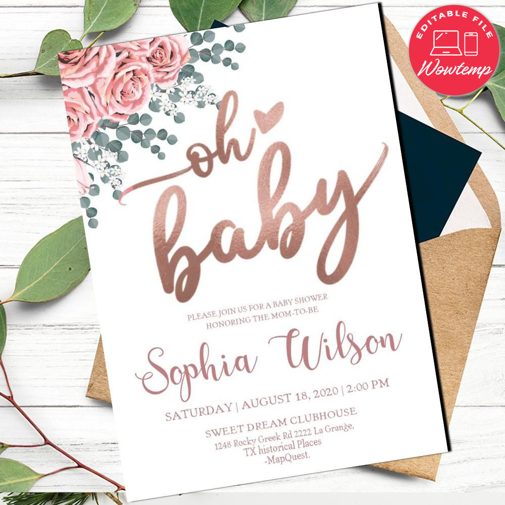 Editable Oh Baby Blush Floral Rose Gold Baby Shower Invitations | Wowtemp