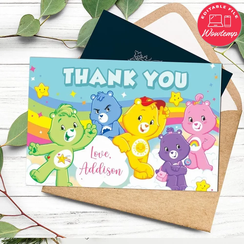 Care bear Thank you card Template to Print at Home | Wowtemp