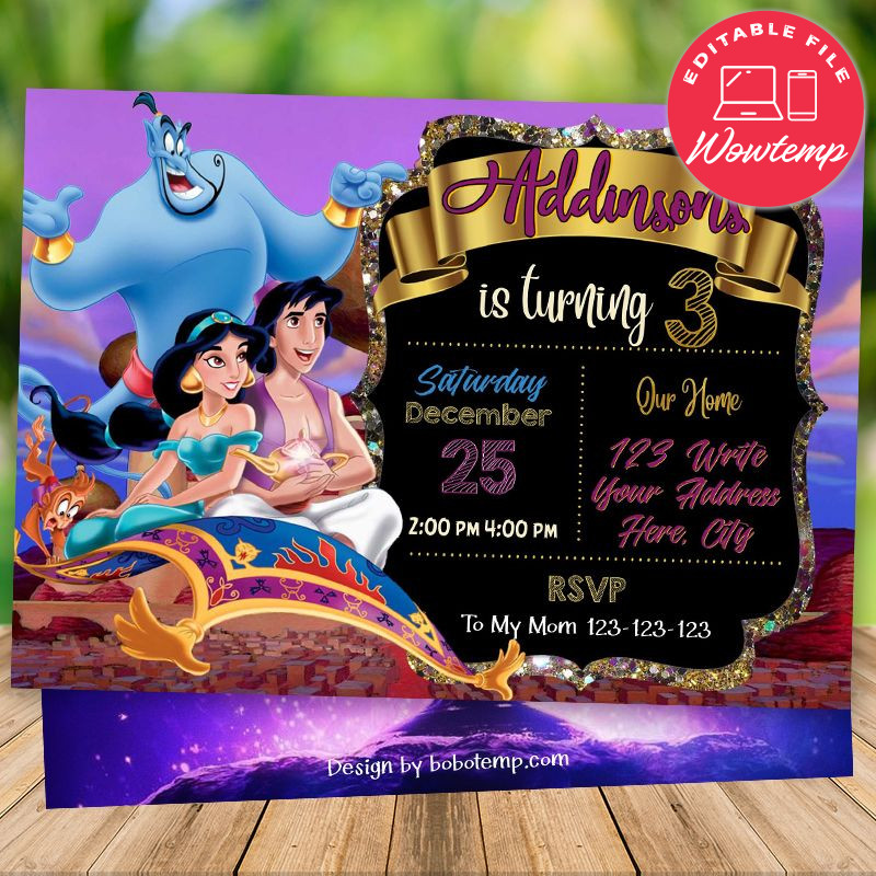 Editable Aladdin princess jasmine invitation Instant Download | Wowtemp