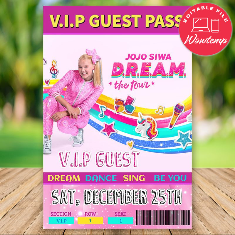 Editable Jojo Siwa VIP Guest Pass Instant Download | Wowtemp
