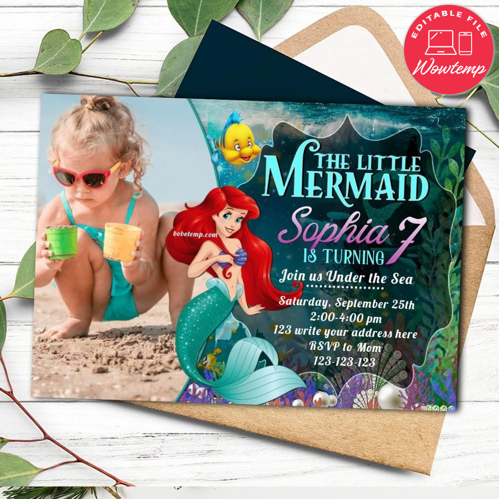 Little mermaid Ariel Birthday Flyer Card With Picture DIY | Wowtemp