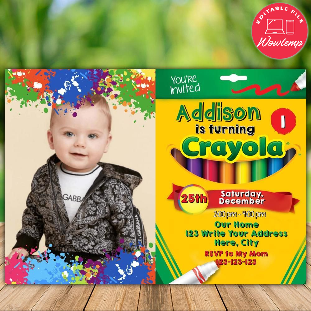 Editable Crayola 1st Birthday Invitations With Photo DIY | Wowtemp