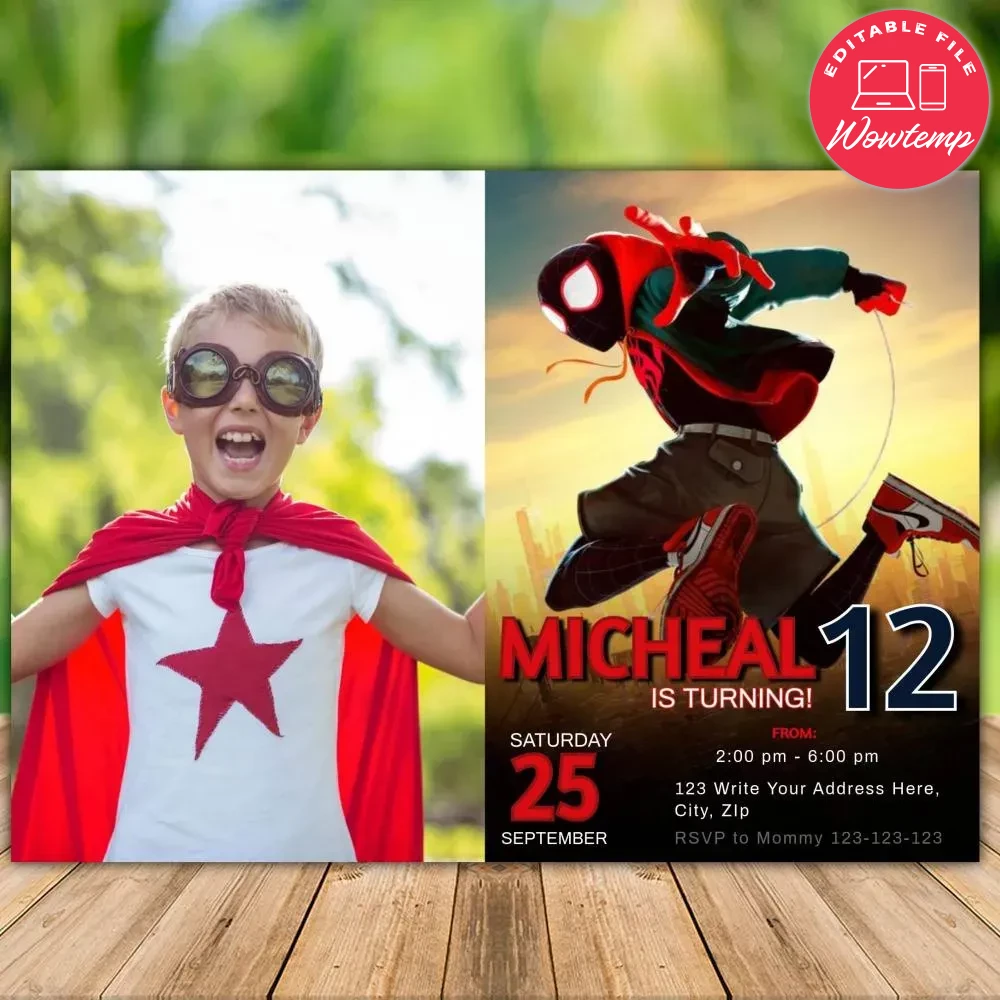Printable Miles Morales Birthday Invitation With Photo DIY | Wowtemp