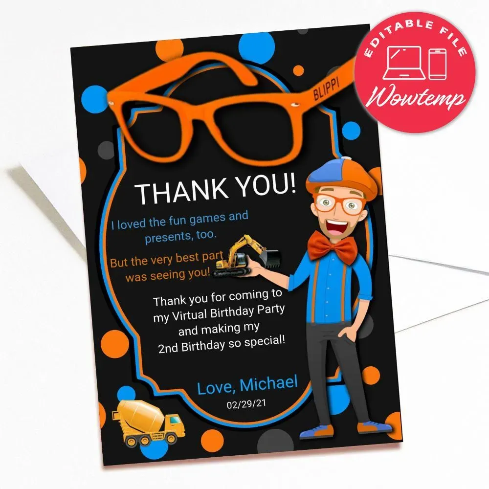 Blippi Thank you card Template to Print at Home | Wowtemp