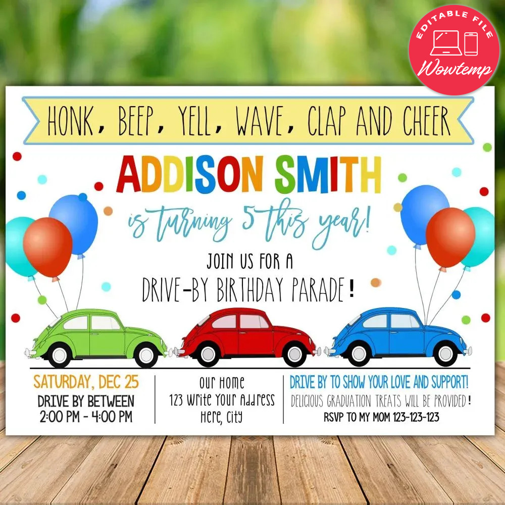 Printable Car Parade Birthday Flyer Template DIY | Wowtemp